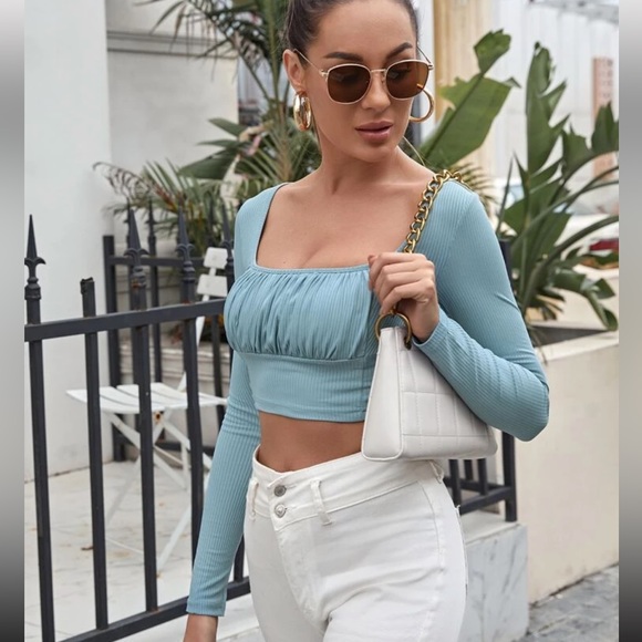 Tops | New Baby Blue Ruched Bust Crop Top | Poshmark